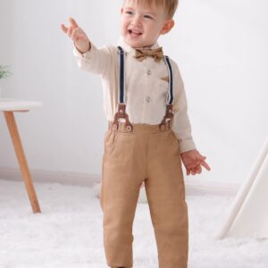 DISAUR Boys Church Outfit Apricot Brown Long Sleeve Dress Shirt Bow Tie Suspender Pants Toddler Formal Outfit Boy 2t 3t 2-3t