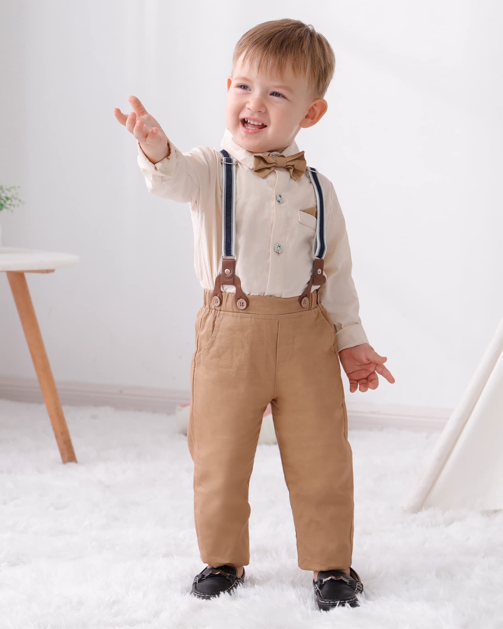 DISAUR Boys Church Outfit Apricot Brown Long Sleeve Dress Shirt Bow Tie Suspender Pants Toddler Formal Outfit Boy 2t 3t 2-3t