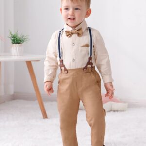 DISAUR Boys Church Outfit Apricot Brown Long Sleeve Dress Shirt Bow Tie Suspender Pants Toddler Formal Outfit Boy 2t 3t 2-3t