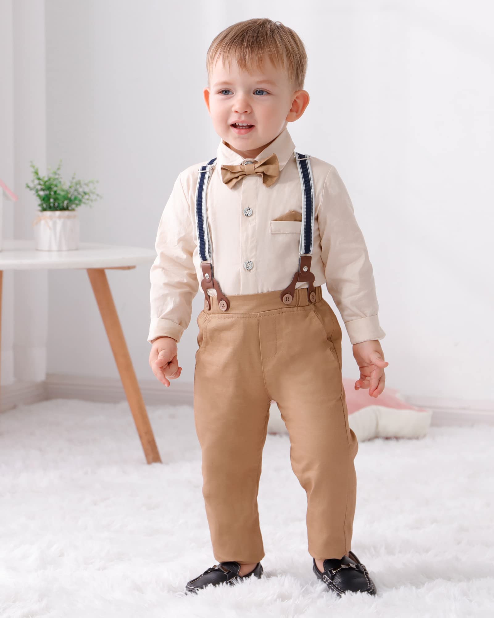 DISAUR Boys Church Outfit Apricot Brown Long Sleeve Dress Shirt Bow Tie Suspender Pants Toddler Formal Outfit Boy 2t 3t 2-3t