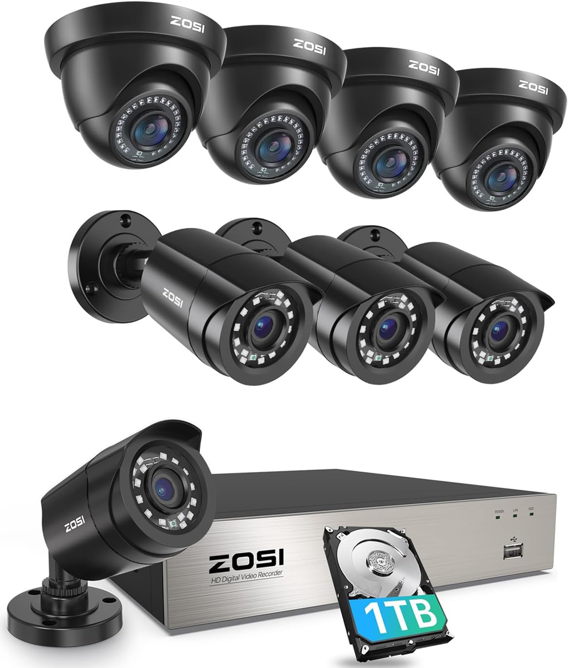 ZOSI 3K Lite Security Camera System with AI Human Vehicle Detection,H.265+ 8CH HD TVI Video DVR Recorder with 8X HD 1920TVL 1080P Indoor Outdoor Weatherproof CCTV Cameras,Remote Access,1TB Hard Drive