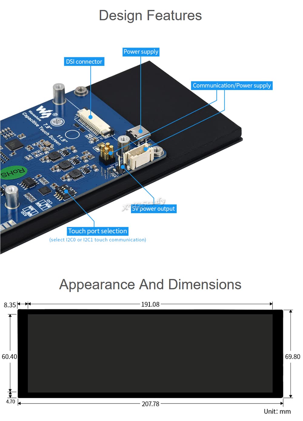 7.9inch Capacitive Touch 400×1280 IPS DSI Interface Display Panel LCD Supports Raspberry Pi 4B/3B+/3A+, CM3/3+/4 @XYGStudy