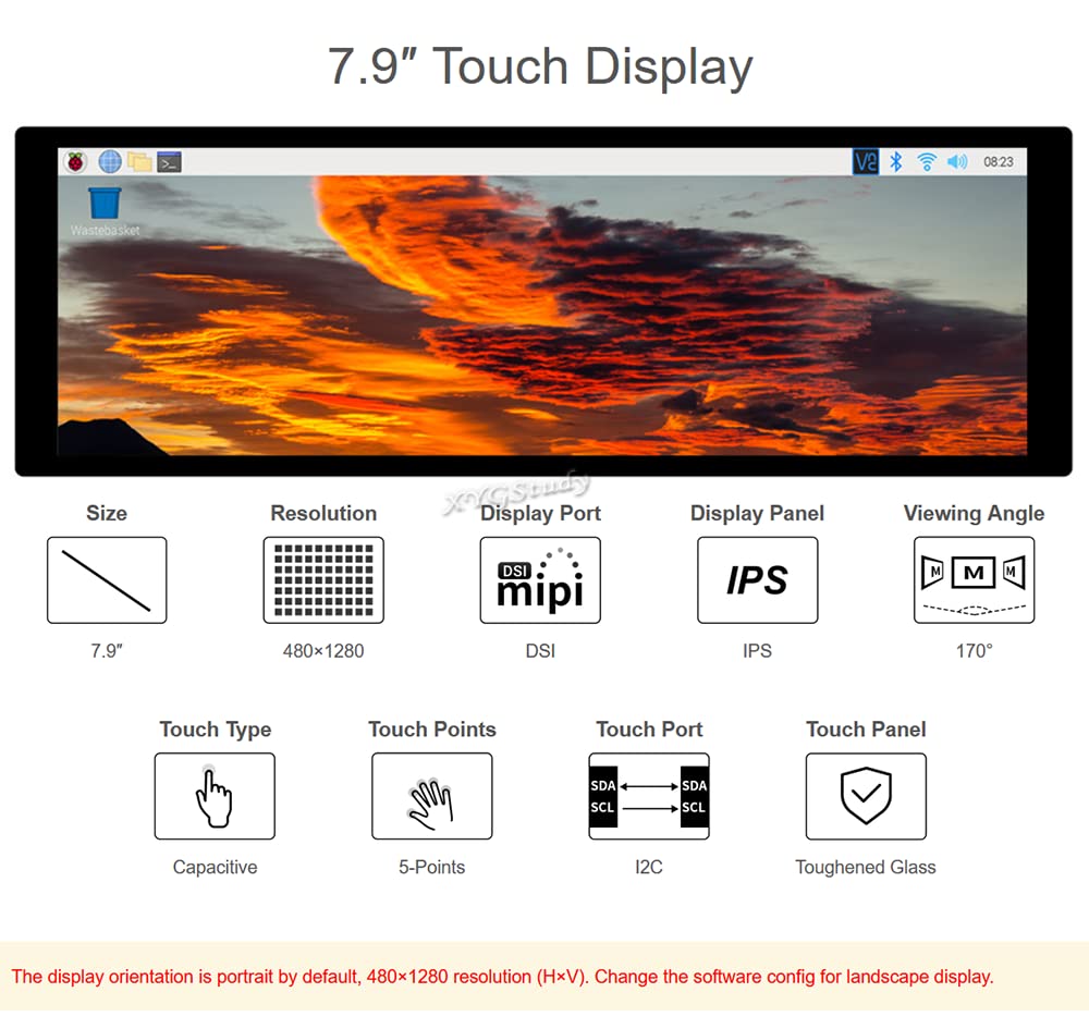 7.9inch Capacitive Touch 400×1280 IPS DSI Interface Display Panel LCD Supports Raspberry Pi 4B/3B+/3A+, CM3/3+/4 @XYGStudy