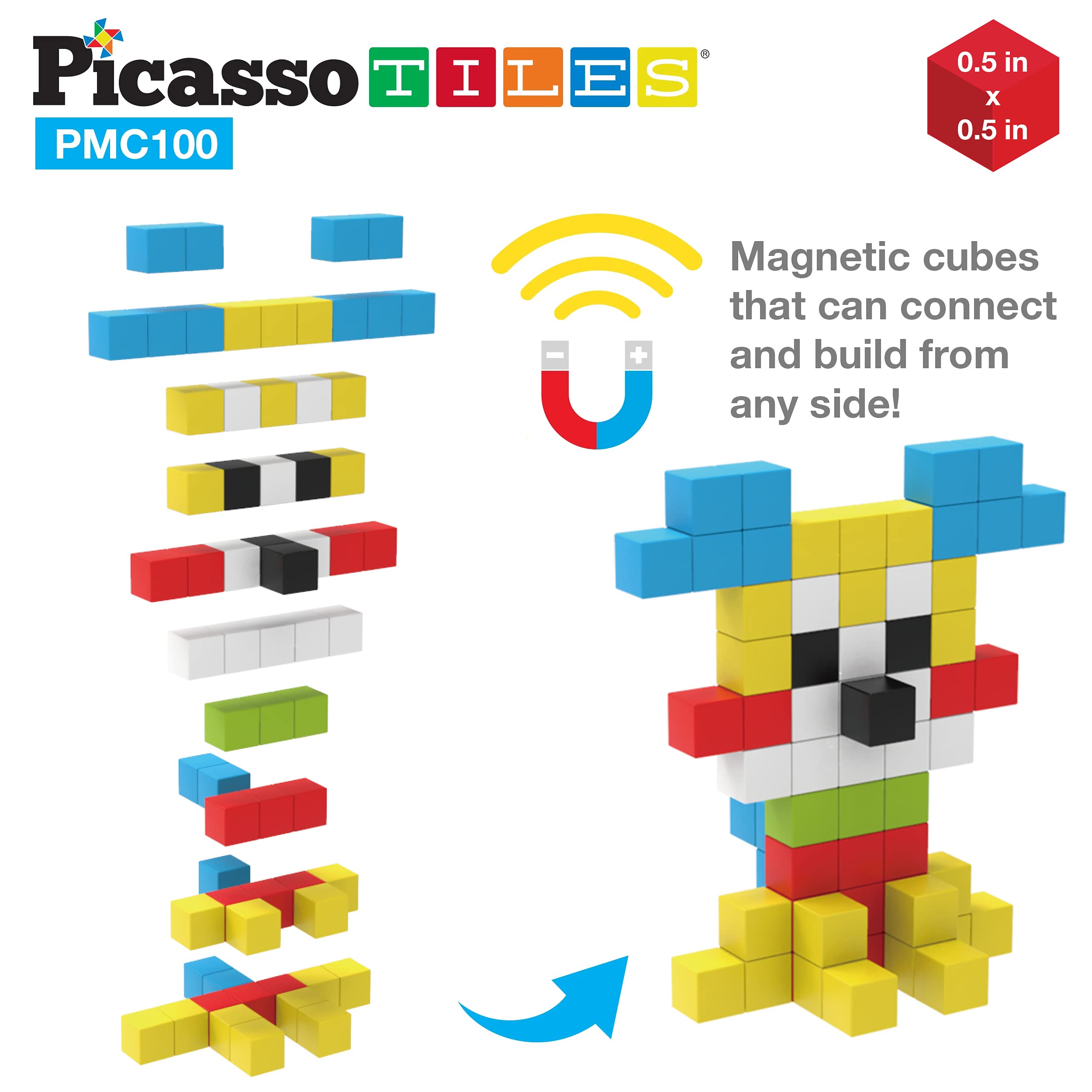 PicassoTiles Magnetic Puzzle Cube Characters + Mini, 9pc with 18 Unique Characters Mix & Match Cubes Sensory Toys, 0.5” Pixel 100pc Mix & Match Sensory Toys STEAM Education Learning Building Block