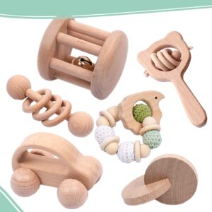 6 pieces toy set- wooden baby toys for babies 0-6 months,wooden toys for babies rattles with bells,wooden rattles push car,wood rattle toys gifts for boys girls,montessori toys for babies 0-6 months