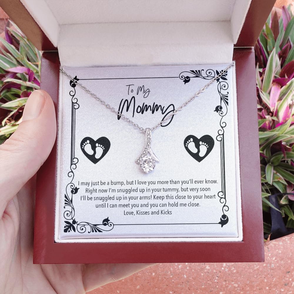 22Feels Ribbon Expecting Mother Necklace Soon To Be Mom I May Just Be A Bump For Pregnant Women Pregnancy Jewelry 1st Time Second Baby Boy Mommy Girl Shower (Mahogany Style Luxury Box)