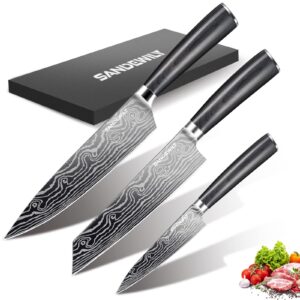 sandewily 3 piece japanese ultra sharp kitchen chef knife set pro german high carbon stainless steel(7cr17mov) with sheaths & gift box black handle