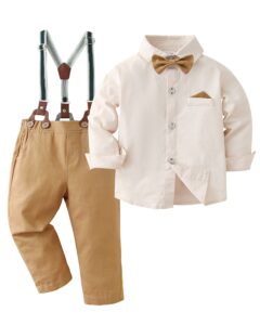 disaur boys church outfit apricot brown long sleeve dress shirt bow tie suspender pants toddler formal outfit boy 2t 3t 2-3t