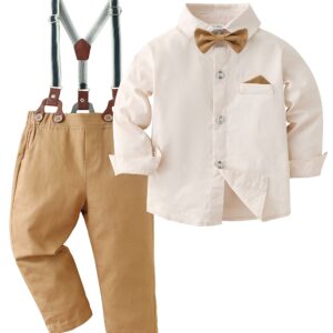 DISAUR Boys Church Outfit Apricot Brown Long Sleeve Dress Shirt Bow Tie Suspender Pants Toddler Formal Outfit Boy 2t 3t 2-3t