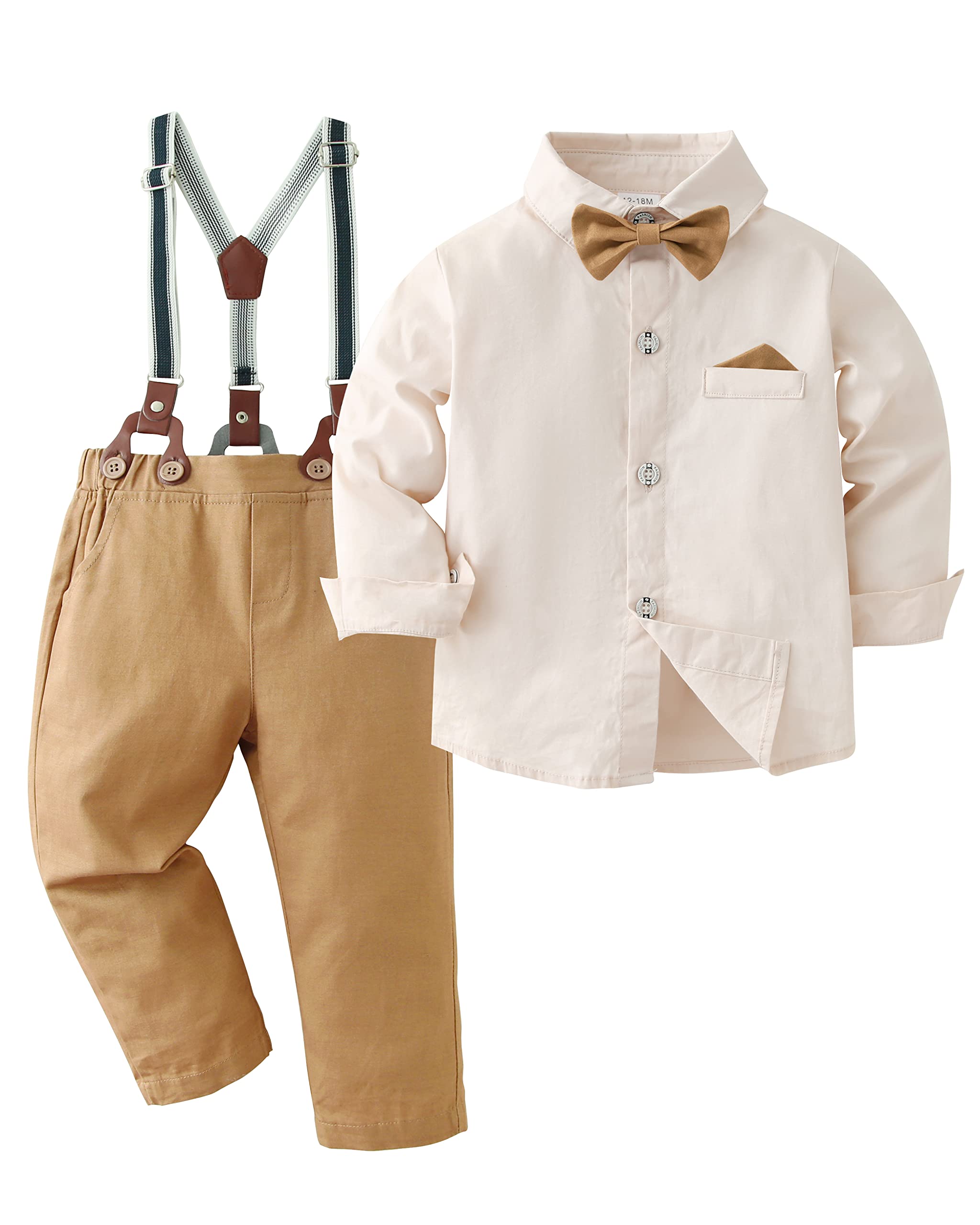 DISAUR Boys Church Outfit Apricot Brown Long Sleeve Dress Shirt Bow Tie Suspender Pants Toddler Formal Outfit Boy 2t 3t 2-3t