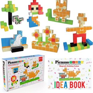 PicassoTiles Magnetic Puzzle Cube Characters + 103 Piece, 9pc with 18 Unique Characters Mix & Match Cubes Sensory Toys, Mix & Match Cubes w/Free Idea Book Sensory Toys, STEAM Learning Building Block