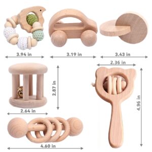 6 Pieces Toy Set- Wooden Baby Toys for Babies 0-6 Months,Wooden Toys for Babies Rattles with Bells,Wooden Rattles Push Car,Wood Rattle Toys Gifts for Boys Girls,Montessori Toys for Babies 0-6 Months