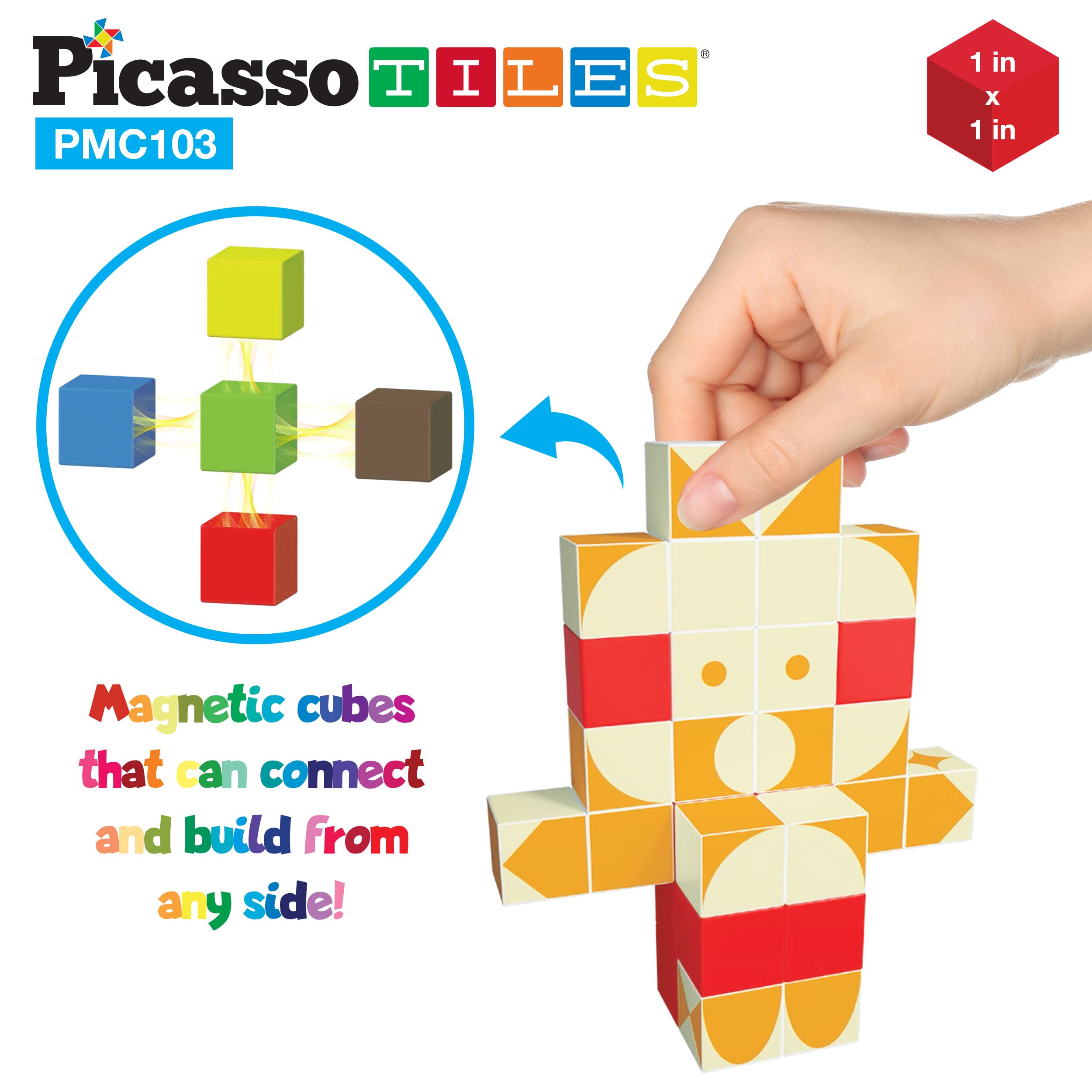 PicassoTiles Magnetic Puzzle Cube Characters + 103 Piece, 9pc with 18 Unique Characters Mix & Match Cubes Sensory Toys, Mix & Match Cubes w/Free Idea Book Sensory Toys, STEAM Learning Building Block