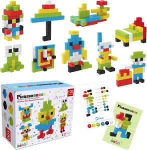 picassotiles magnetic puzzle cube characters + mini, 9pc with 18 unique characters mix & match cubes sensory toys, 0.5” pixel 100pc mix & match sensory toys steam education learning building block