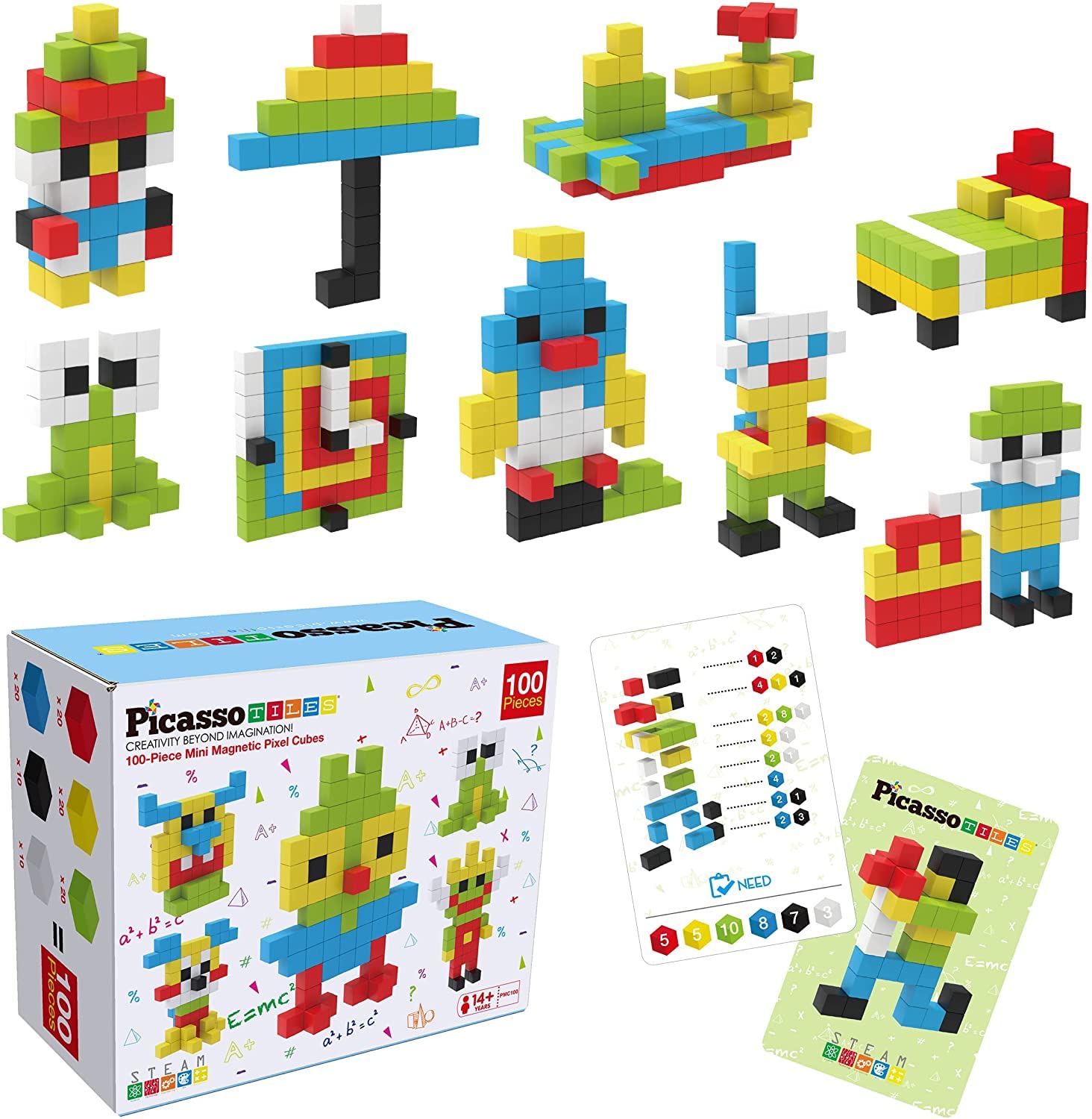 PicassoTiles Magnetic Puzzle Cube Characters + Mini, 9pc with 18 Unique Characters Mix & Match Cubes Sensory Toys, 0.5” Pixel 100pc Mix & Match Sensory Toys STEAM Education Learning Building Block