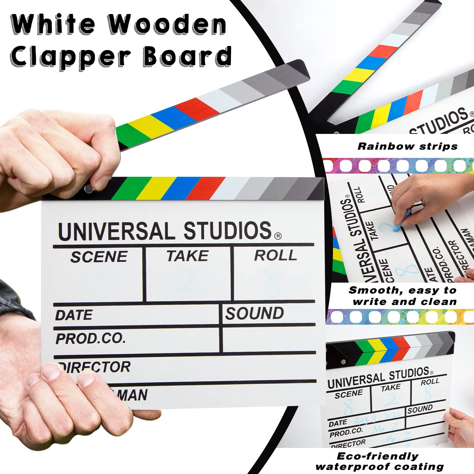 MCPINKY White Movie Clapboard, Wooden Clapper Board Rainbow Color Professional Film Slate for Film Props Director