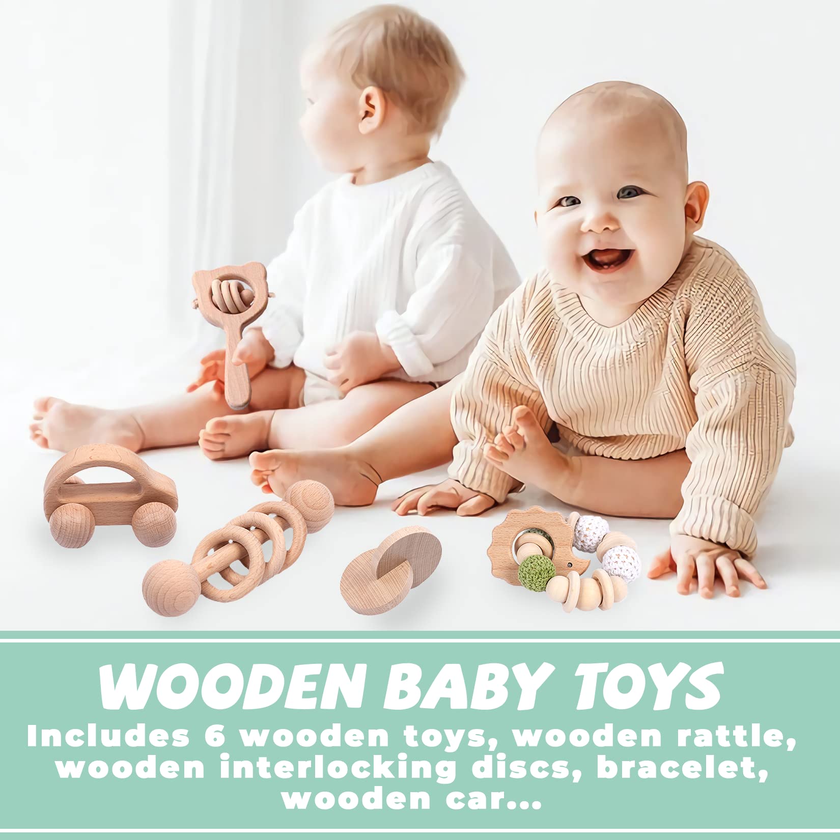 6 Pieces Toy Set- Wooden Baby Toys for Babies 0-6 Months,Wooden Toys for Babies Rattles with Bells,Wooden Rattles Push Car,Wood Rattle Toys Gifts for Boys Girls,Montessori Toys for Babies 0-6 Months