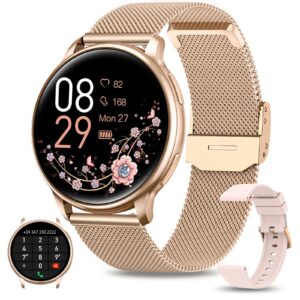 smart watch for women(answer/make calls), 1.3'' amoled bluetooth smartwatch for android phones iphone compatible, ip68 outdoor fitness tracker with heart rate, blood pressure, spo2 monitor, watch gold