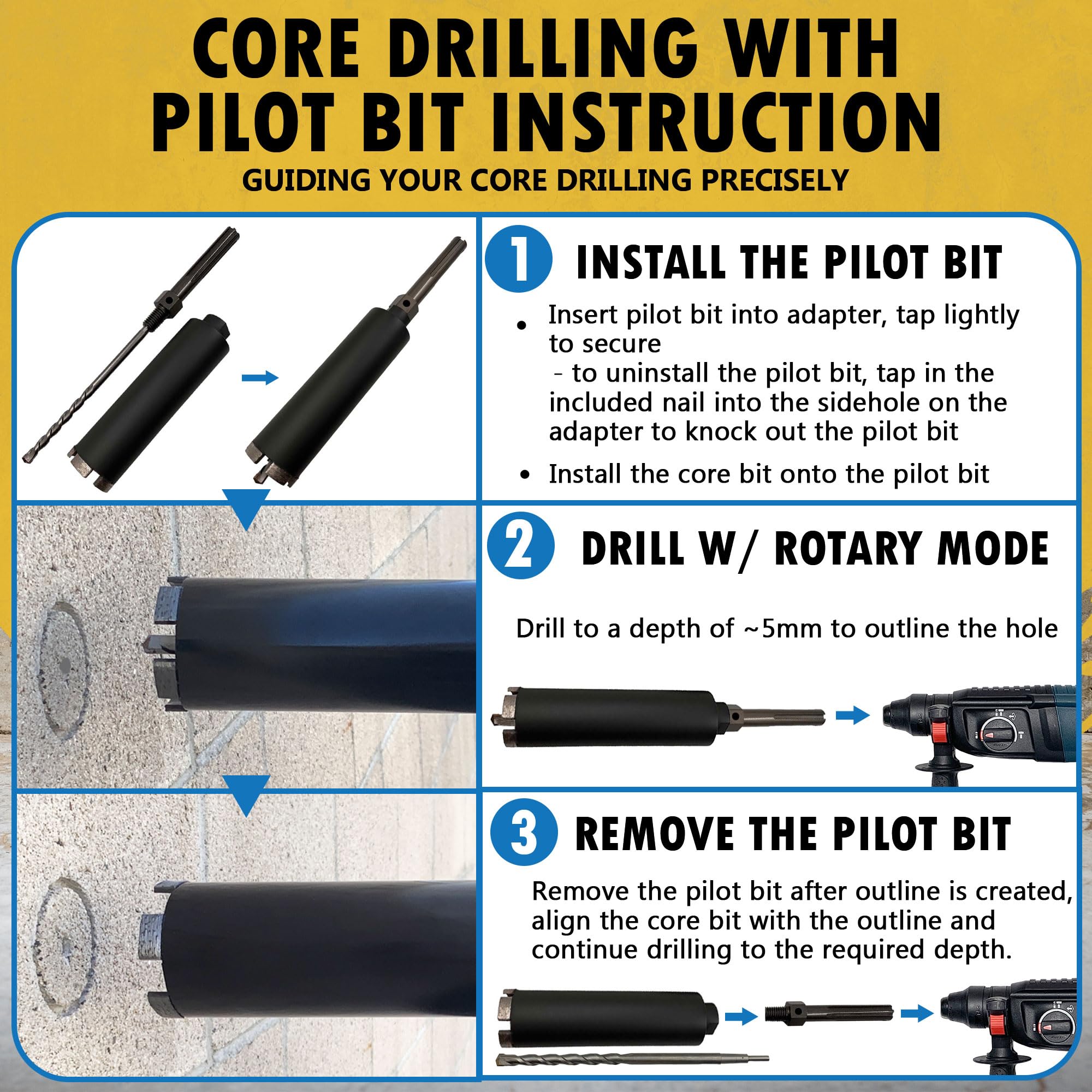 1-3/4" Dry/Wet Multipurpose Core Bit for Masonry, Concrete and Natural Stone, 6" Drilling Depth, SDS Max Pilot Bit with 5/8"-11 Arbor