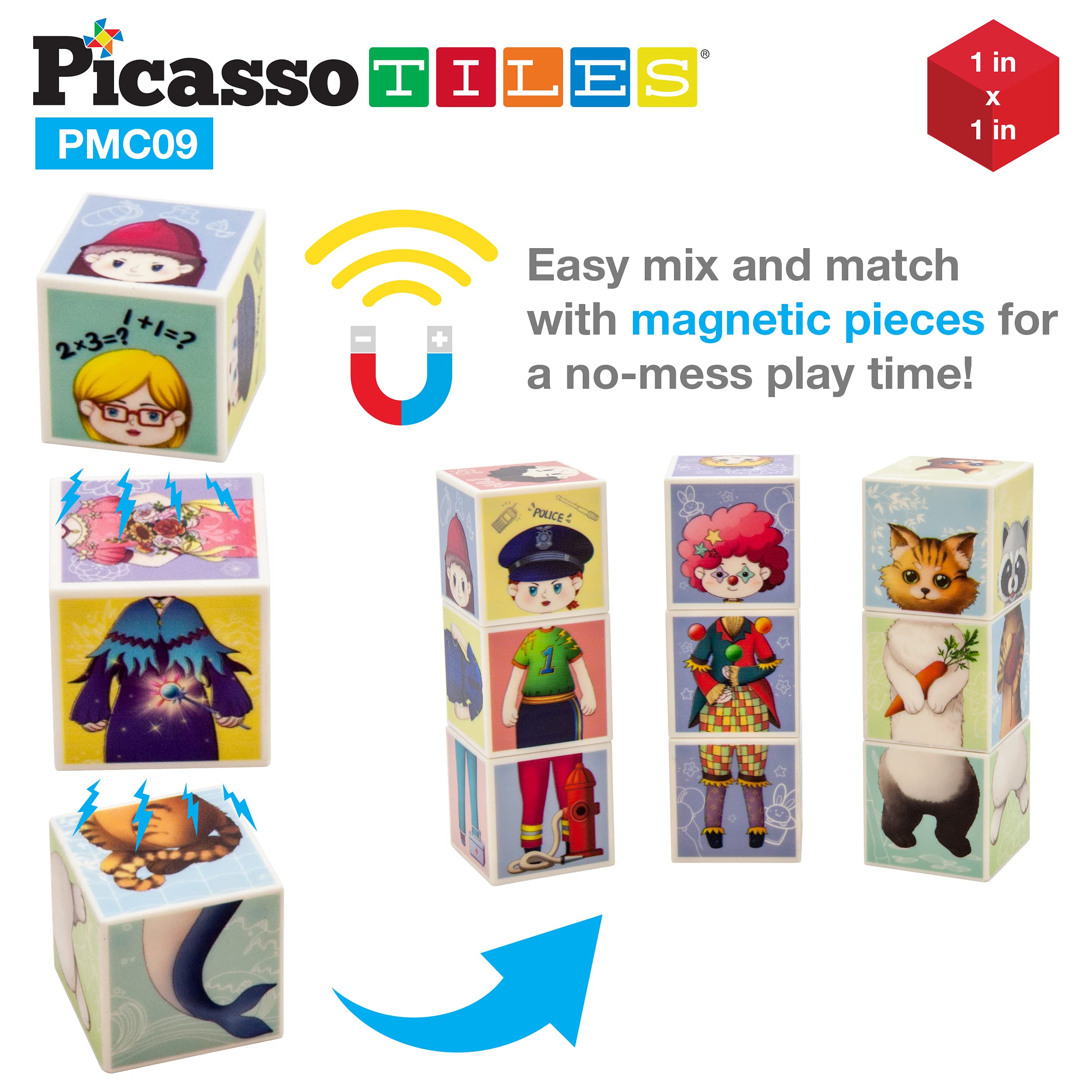 PicassoTiles Magnetic Puzzle Cube Characters + Mini, 9pc with 18 Unique Characters Mix & Match Cubes Sensory Toys, 0.5” Pixel 100pc Mix & Match Sensory Toys STEAM Education Learning Building Block