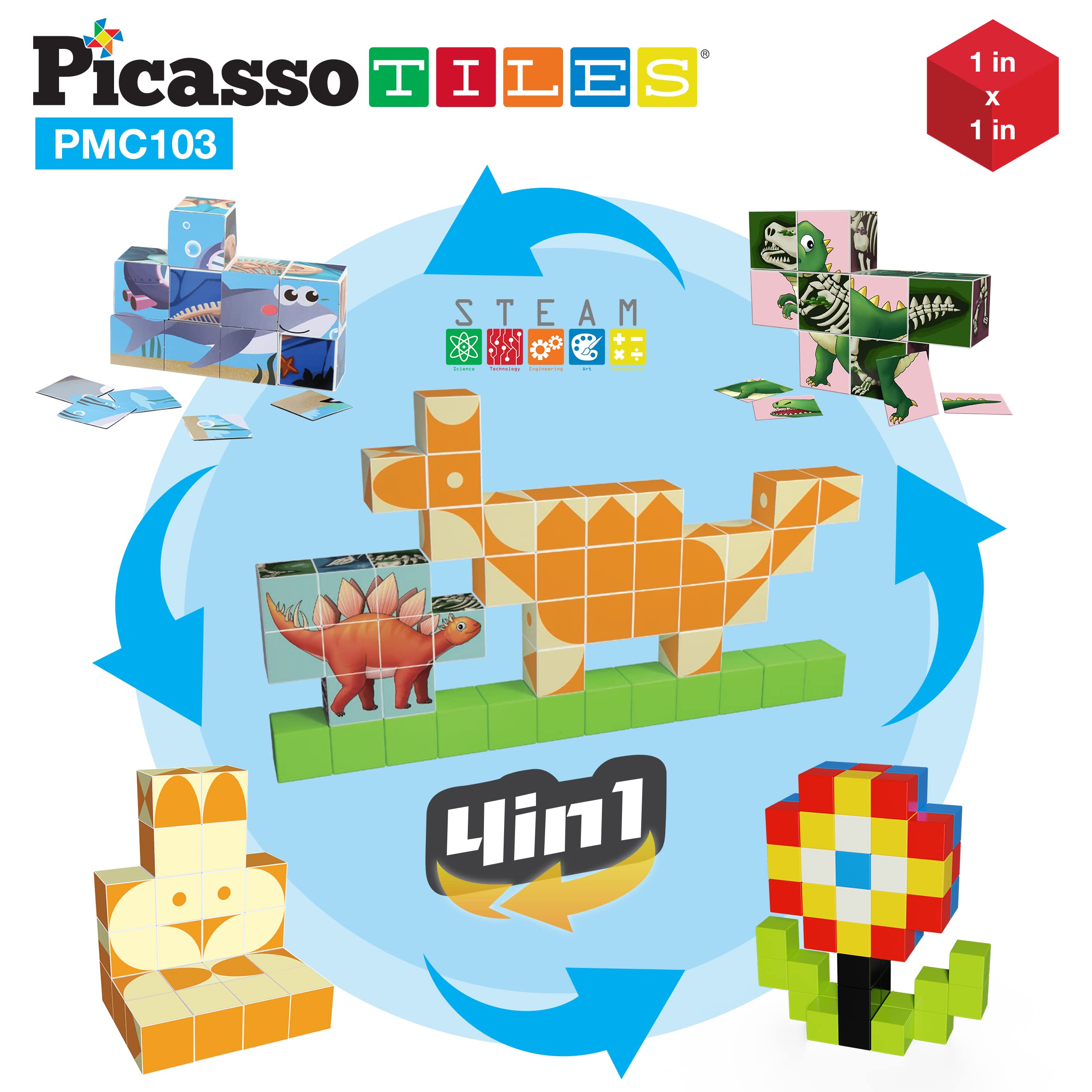 PicassoTiles Magnetic Puzzle Cube Characters + 103 Piece, 9pc with 18 Unique Characters Mix & Match Cubes Sensory Toys, Mix & Match Cubes w/Free Idea Book Sensory Toys, STEAM Learning Building Block