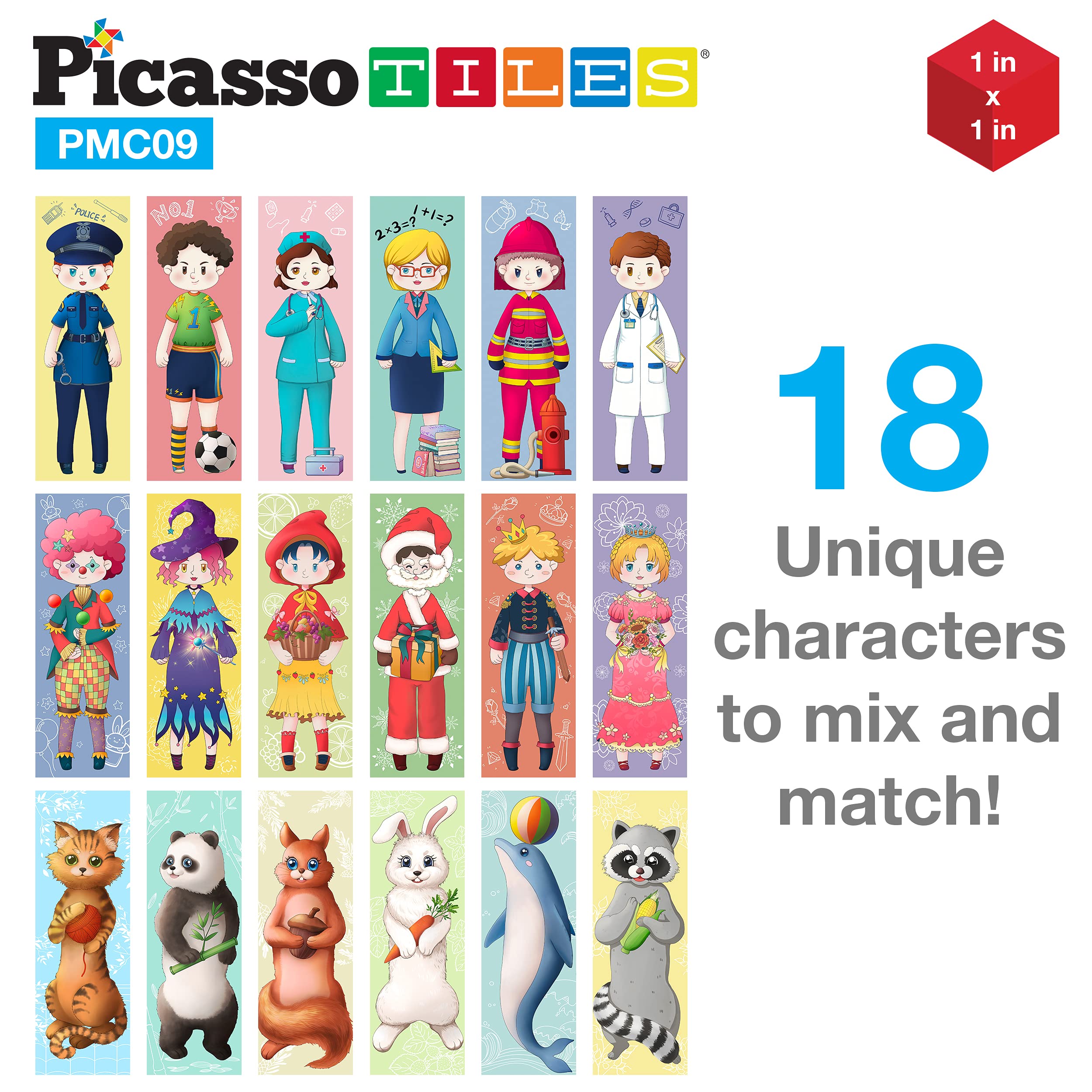 PicassoTiles Magnetic Puzzle Cube Characters + 103 Piece, 9pc with 18 Unique Characters Mix & Match Cubes Sensory Toys, Mix & Match Cubes w/Free Idea Book Sensory Toys, STEAM Learning Building Block