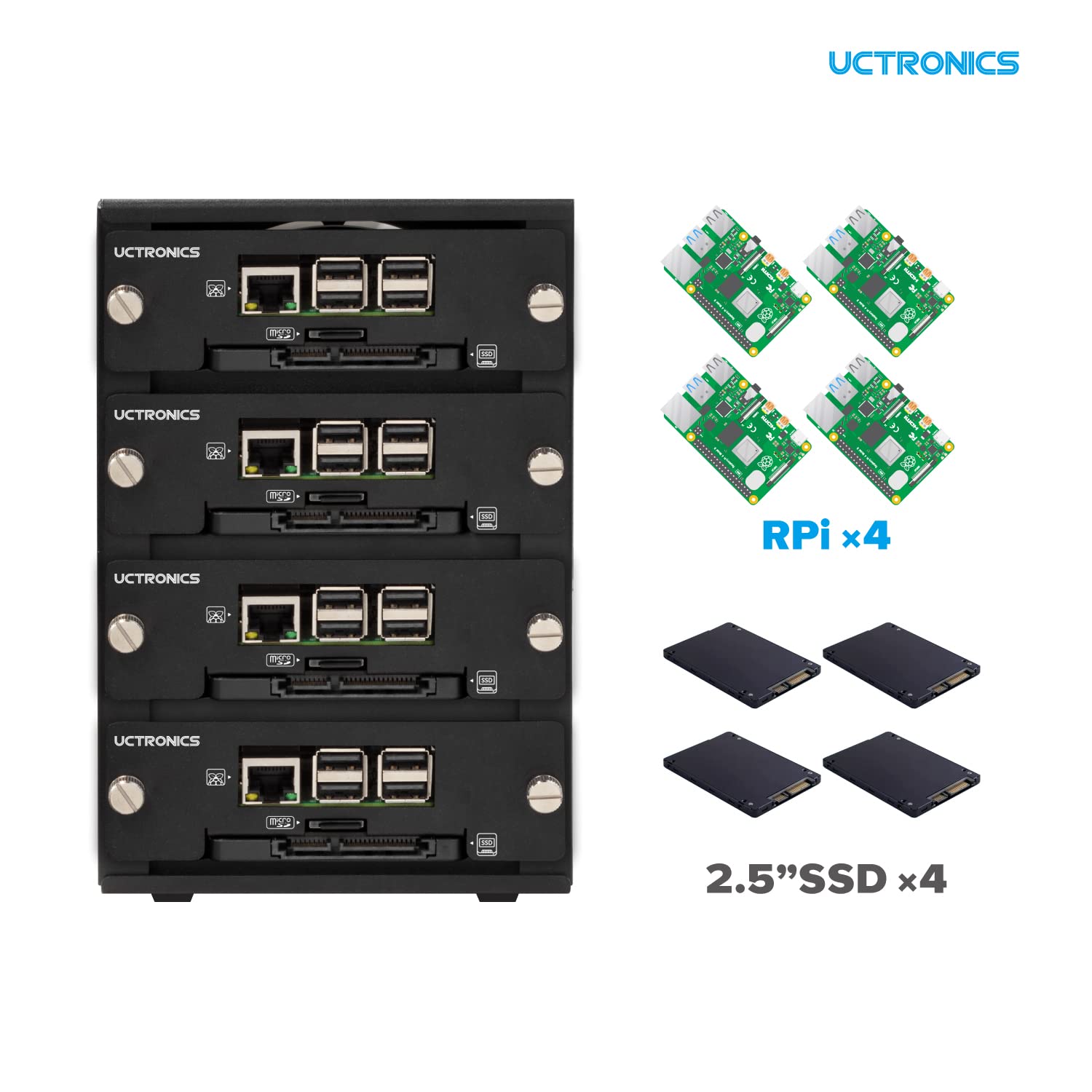 UCTRONICS Desktop Cluster Enclosure for Raspberry Pi, Up to 4 Pis and 2.5" SSD, Front Removable Trays, 12cm LED Cooling Fan for Raspberry Pi 5/4B/3B+/3B