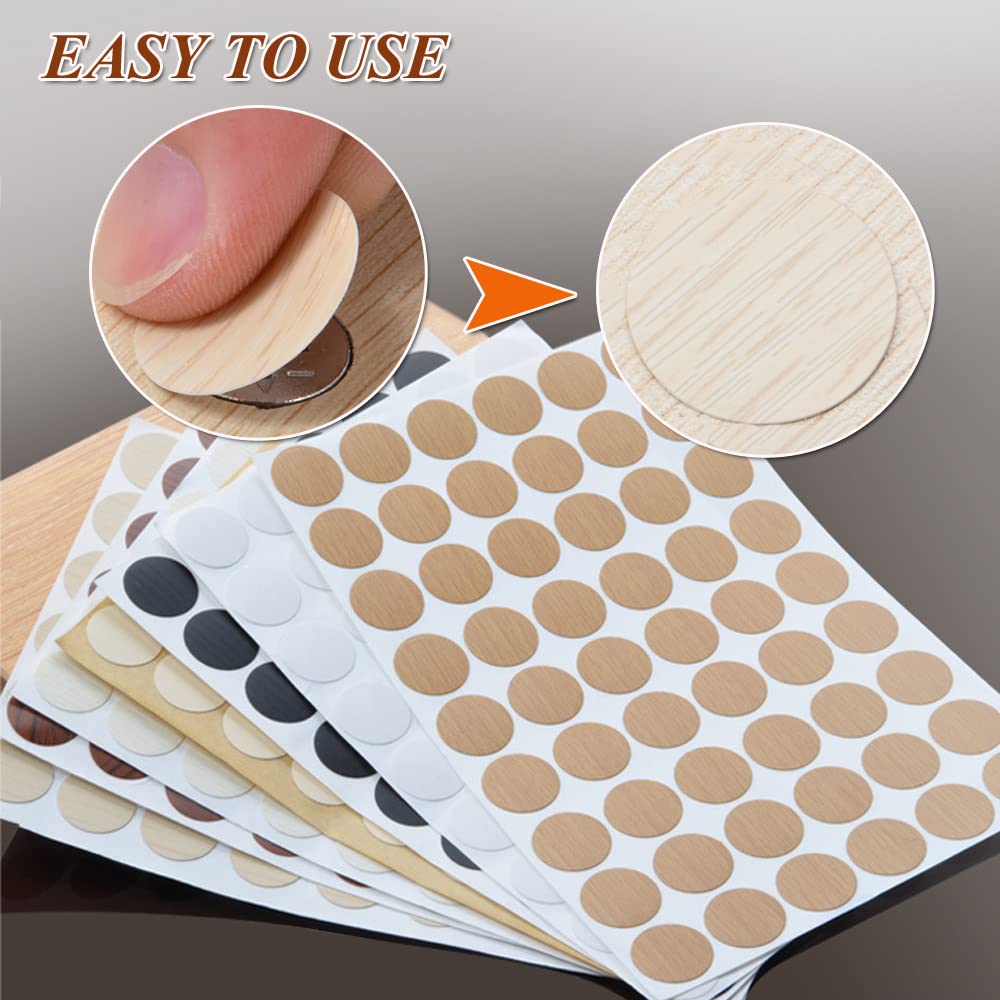 Adhesive Screw Stickers, Dustproof Screw Hole Sticker, 21mm PVC Cover Caps, 7 Colors 378pcs Waterproof Wood Textured Cover for Cabinets Wardrobe Bookcase Desk Furniture Wall Screw Cam Locks Repairing