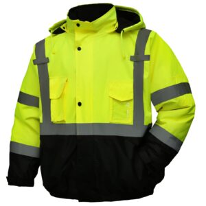 dpsafety safety jacket for men, reflective high visibility hooded jacket, hi-vis bomber jacket with pockets and zipper, waterproof, black bottom, ansi/isea 107-2020 type r class 3,lime