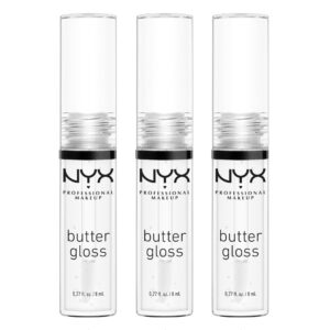 nyx professional makeup butter gloss, non-sticky lip gloss - sugar glass (clear), pack of 3