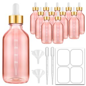 bumobum pink dropper bottles 4oz, pink glass eye dropper bottle for essential oils hair oils with labels and funnels, 12 pack tincture bottles with golden top (plastic dropper with measurements)