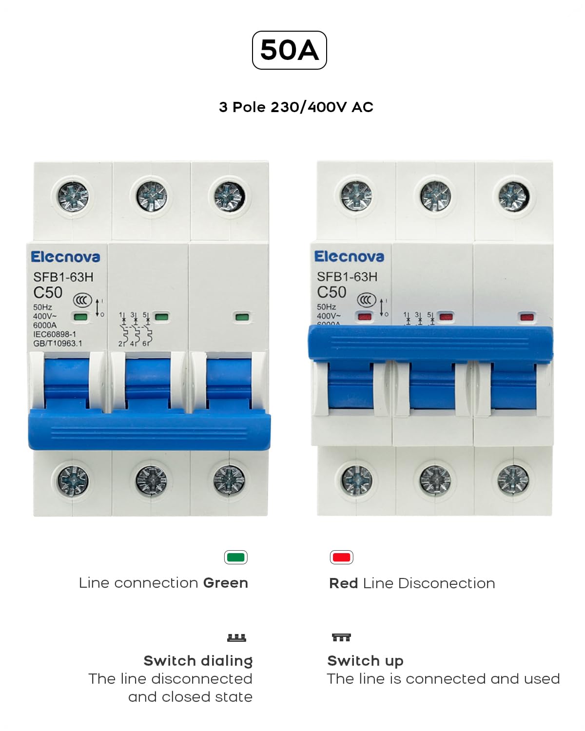 Elecnova 6-63A Miniature Circuit Breaker, AC 3 Pole 400V, DIN Rail Mounted 50 amp Breaker, Thermal Magnetic Trip, 110V / 120V Available, Overload, Short-Circuit Protection