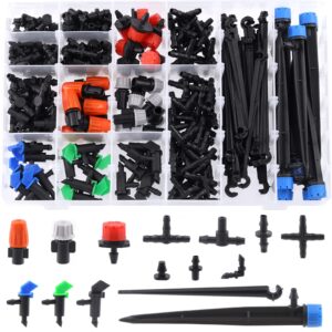 tanstic 240pcs barbed connectors drip irrigation fittings kit, including single barbs, straight barbs, tees, switch valve, elbows, end plug, hose stakes, 4-way coupling for sprinkler drip systems