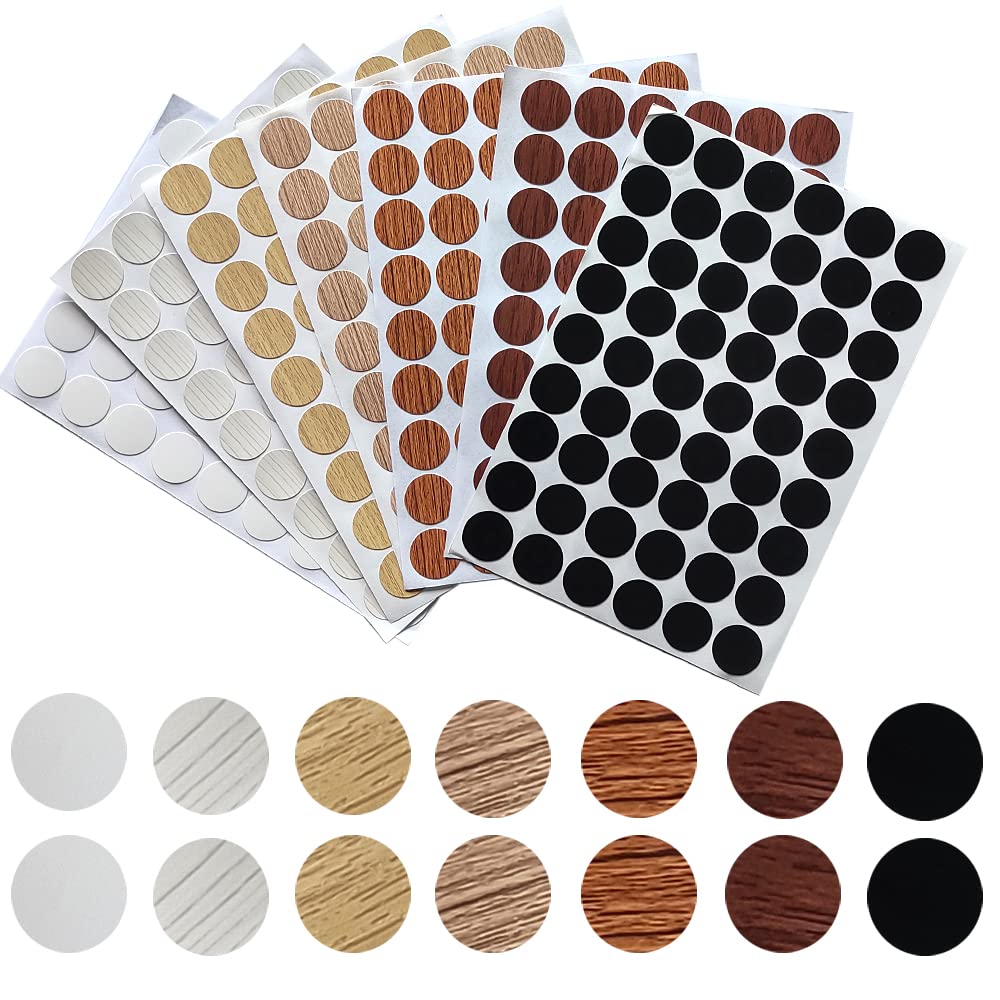 Adhesive Screw Stickers, Dustproof Screw Hole Sticker, 21mm PVC Cover Caps, 7 Colors 378pcs Waterproof Wood Textured Cover for Cabinets Wardrobe Bookcase Desk Furniture Wall Screw Cam Locks Repairing