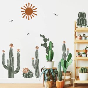 Mfault Boho Cactus Botanical Wall Decals Stickers, Bohemian Cacti Green Plant Sun Nursery Decorations Kids Bedroom Art, Neutral Toddlers Room Classroom Playroom Decor