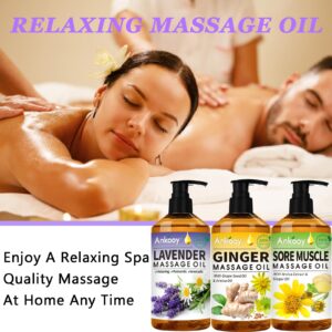 3 Pack Massage Oil for Massage Therapy,Sore Muscle Arnica Oil & Lavender Oil Massage Oil for Date Night & Ginger Oil Lymphatic Drainage & Massage Ball-Relaxing Massage Christmas Gifts for Men Women