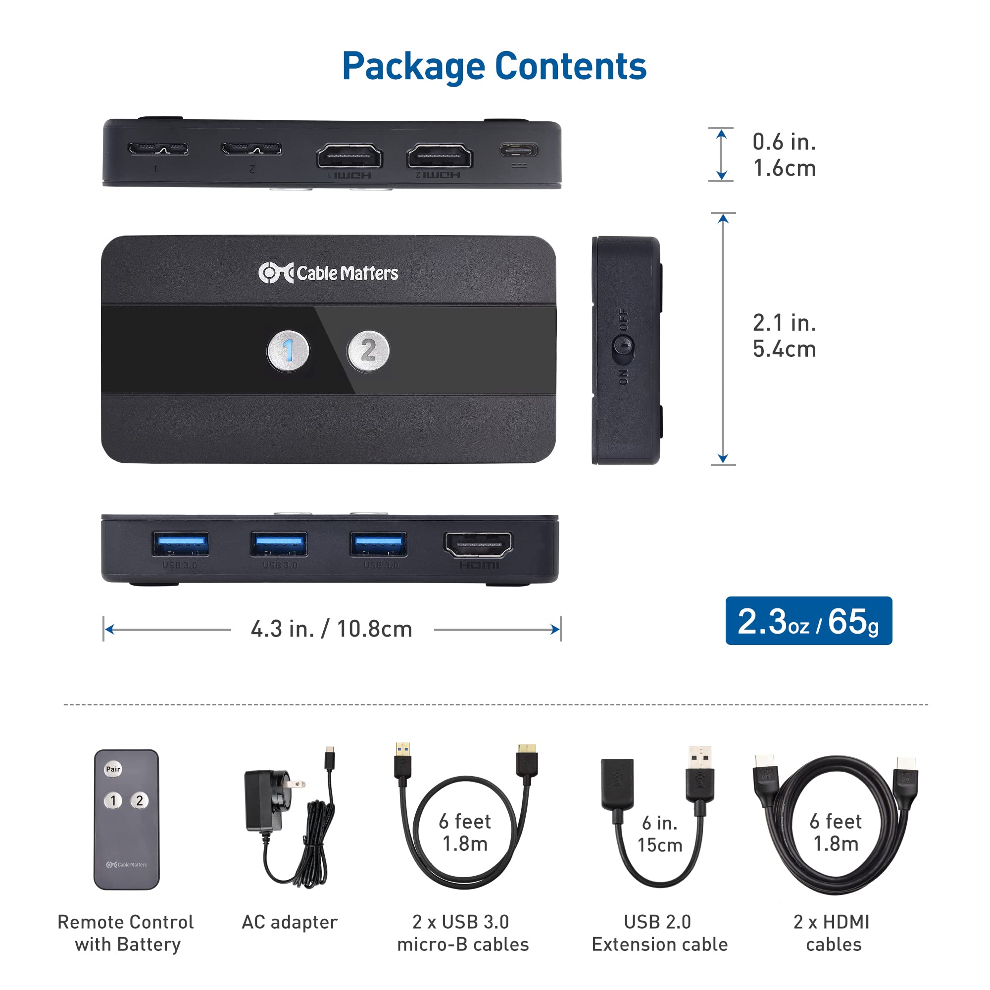 Cable Matters USB 3.0 KVM Switch HDMI 4K@60Hz for 2 Computers, HDMI KVM Switch 2 Port, KVM Switches (KVM HDMI Switch) with 4K 60 Hz HDMI Video & 3X 5Gbps USB Ports - RF Remote Control Switch