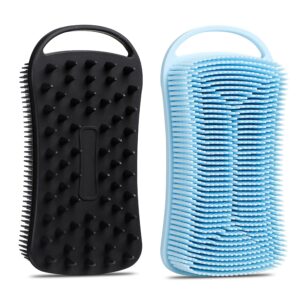 2 pack silicone body scrubber, 2 in 1 shower and scalp massager shampoo brush, soft silicone loofah for sensitive skin, double-sided body brush, lathers well, gentle exfoliating (blue,black)