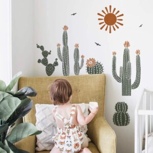 Mfault Boho Cactus Botanical Wall Decals Stickers, Bohemian Cacti Green Plant Sun Nursery Decorations Kids Bedroom Art, Neutral Toddlers Room Classroom Playroom Decor