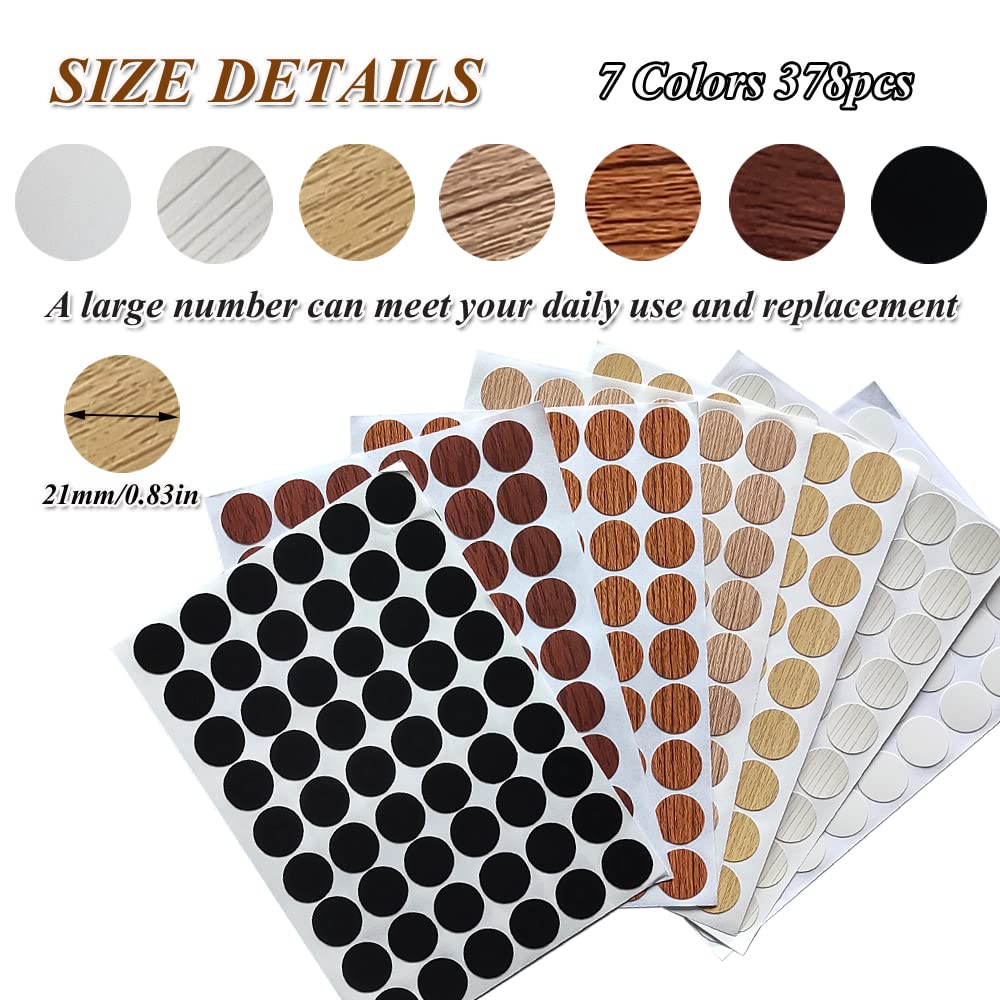 Adhesive Screw Stickers, Dustproof Screw Hole Sticker, 21mm PVC Cover Caps, 7 Colors 378pcs Waterproof Wood Textured Cover for Cabinets Wardrobe Bookcase Desk Furniture Wall Screw Cam Locks Repairing