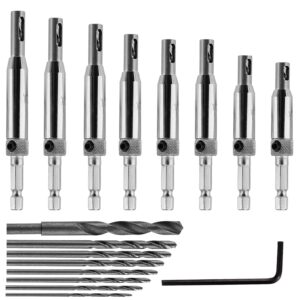 aracombie 17pcs self centering drill bit set for metal woodworking, 8 sizes 1/4 inch hex shank vix-bit self-centering bits hinge centering tool with hex key & 8 replacement drill bits, 5/64-1/4 inches