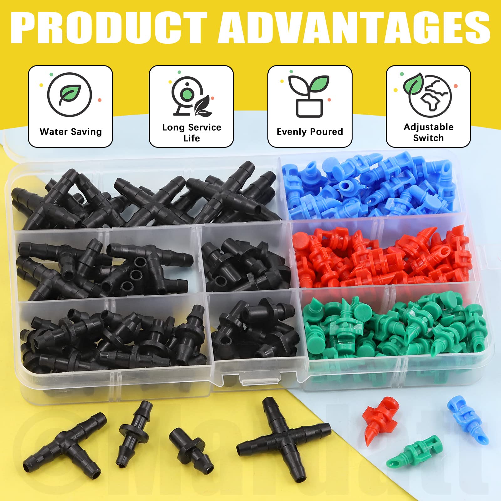 Mardatt 152Pcs Drip Irrigation Barbed Connectors Fittings Kit for 1/4" Tubing Includes 90/180/360 Angle Atomizing Sprinkler Sprayer and Barbed Connector for Agriculture Hydroponic Garden Lawn