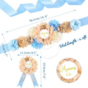 SUSSURRO Teddy Bear Maternity Sash Mummy to Be Daddy to Be Corsage Pin Set Blue Flower Baby Shower Sash Belly Belt for Gender Reveal Bear Baby Shower Decorations