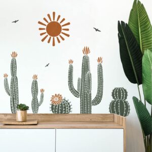 mfault boho cactus botanical wall decals stickers, bohemian cacti green plant sun nursery decorations kids bedroom art, neutral toddlers room classroom playroom decor