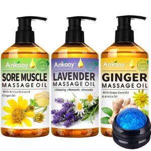 3 pack massage oil for massage therapy,sore muscle arnica oil & lavender oil massage oil for date night & ginger oil lymphatic drainage & massage ball-relaxing massage christmas gifts for men women