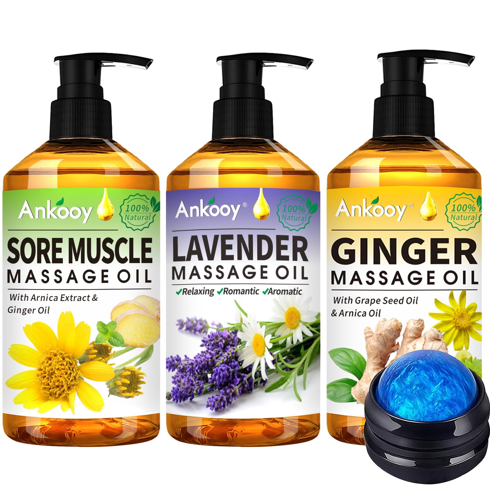 3 Pack Massage Oil for Massage Therapy,Sore Muscle Arnica Oil & Lavender Oil Massage Oil for Date Night & Ginger Oil Lymphatic Drainage & Massage Ball-Relaxing Massage Christmas Gifts for Men Women