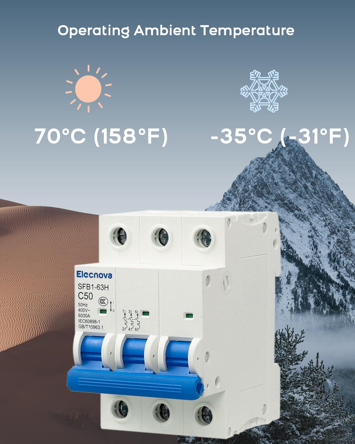 Elecnova 6-63A Miniature Circuit Breaker, AC 3 Pole 400V, DIN Rail Mounted 50 amp Breaker, Thermal Magnetic Trip, 110V / 120V Available, Overload, Short-Circuit Protection