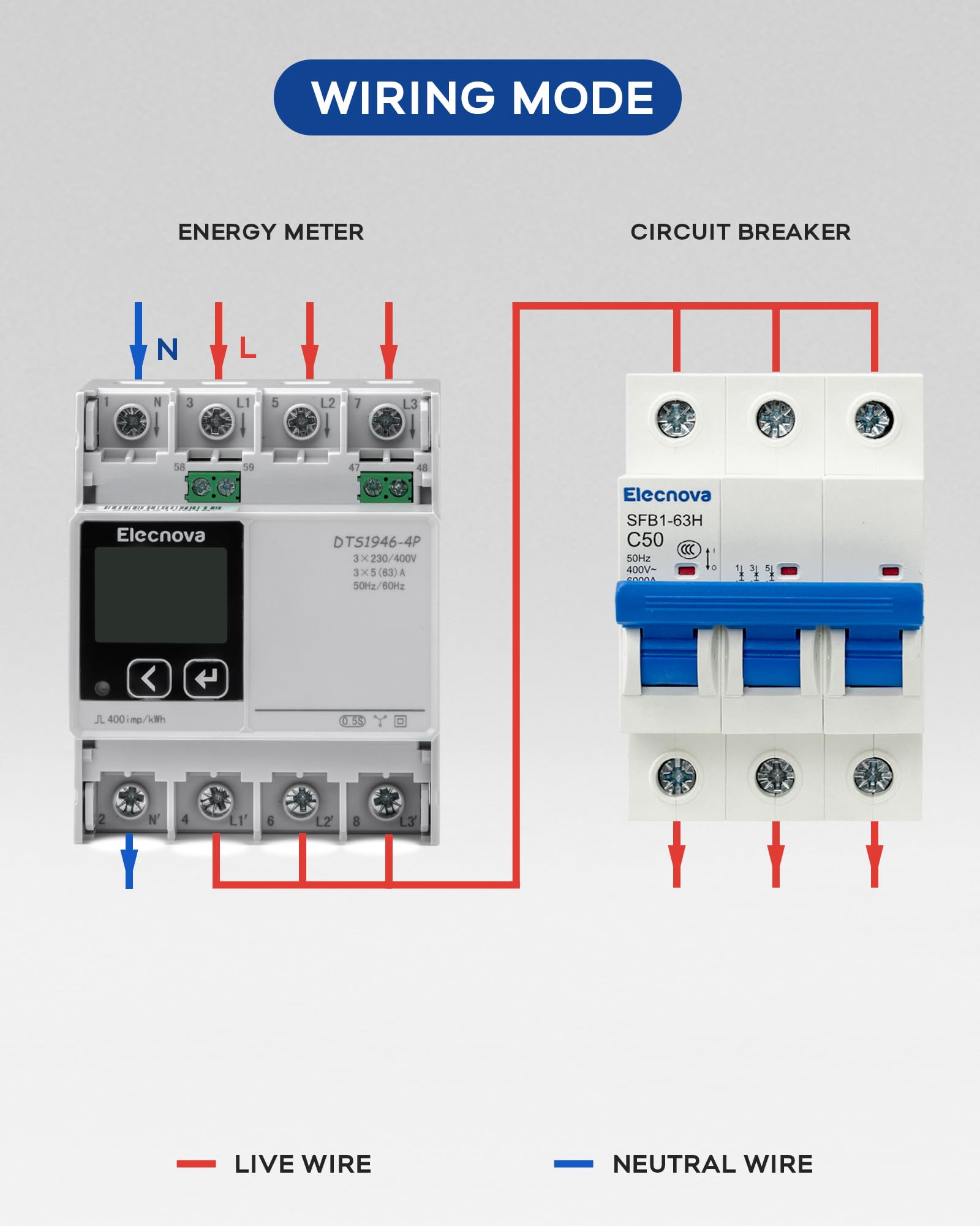 Elecnova 6-63A Miniature Circuit Breaker, AC 3 Pole 400V, DIN Rail Mounted 50 amp Breaker, Thermal Magnetic Trip, 110V / 120V Available, Overload, Short-Circuit Protection