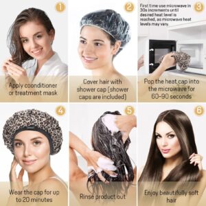 Flaxseed Deep Conditioning Heat Cap - Boloye Cordless 100% Safe Microwave Hot Cap for Natural Curly Textured Hair Care, Drying, Styling, Curling, Universal size (10 PCS One-time shower cap) (Leopard)