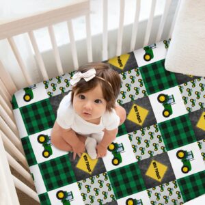 Personalized Green Tractors Baby Crib Sheets with Name, Custom Farm Crib Mattress Sheets for Baby Girls Boys, Fitted Crib Bedding Sheets, Pack and Play Sheets, Mini Crib Sheet | Name Crib Sheets